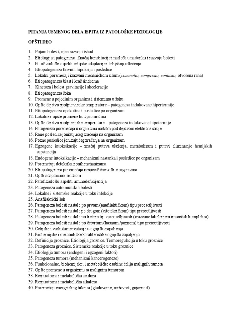 Spisak Pitanja Za Usmeni I Praktični Ispit Iz Patološke Fiziologije 2020-2021 | PDF