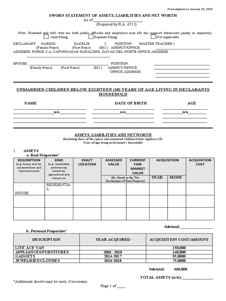 Sworn Statement of Assets 2 | PDF | Net Worth | Economies