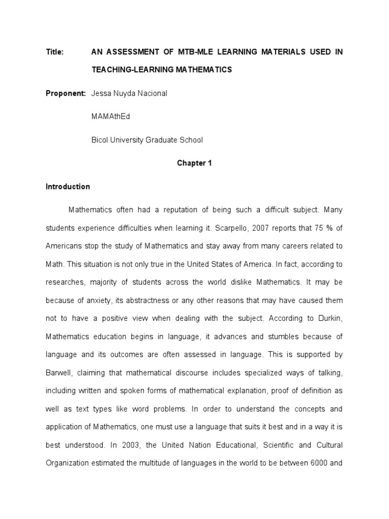 An Assessment of MTB-MLE Learning Materials in Teaching-Learning Mathematics by Jessa Nuyda ...