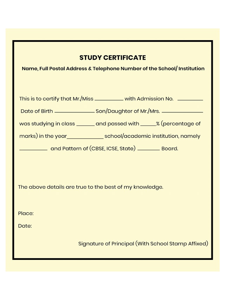 Study Certificate Format For School Students | PDF
