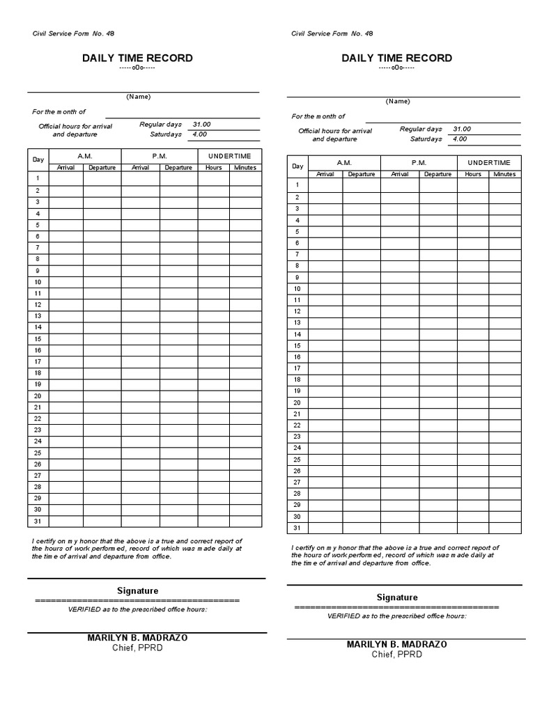 Civil Service Form 48 Timesheet | PDF