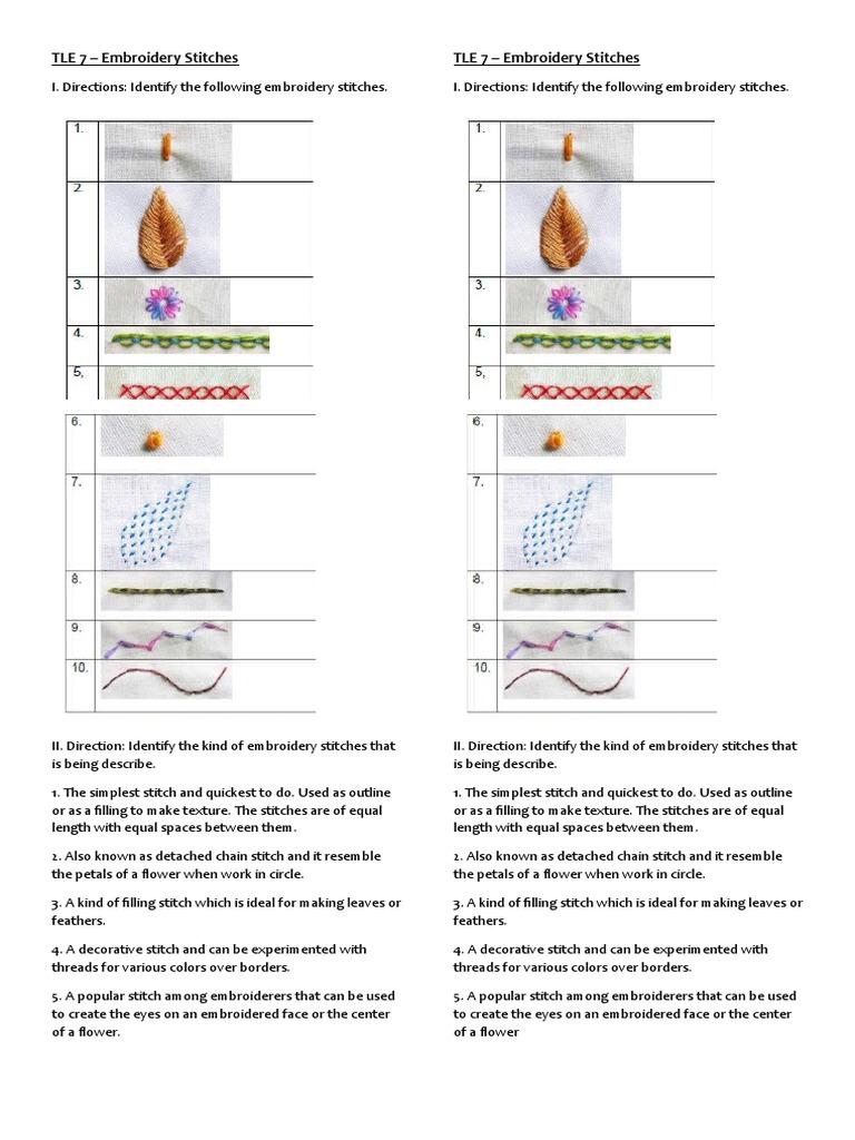 TLE 7 - HP - Embroidery Stitches Quiz | PDF