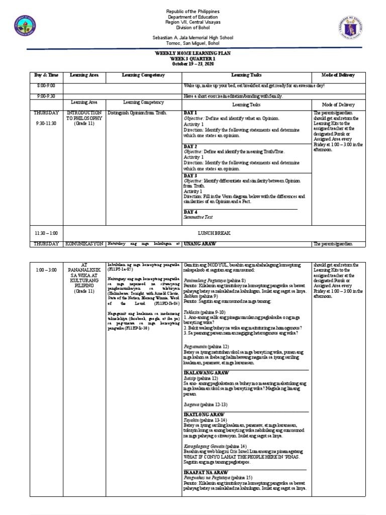 Weekly Home Learning Plan: Week 3 | PDF | Adolescence | Human Development