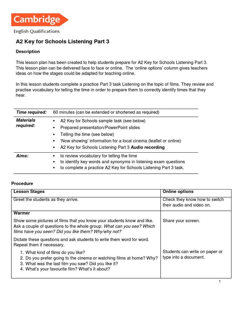 A2 Key For Schools Listening Part 3 | PDF | Lesson Plan | Question