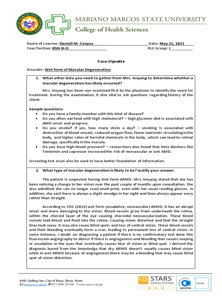 Case Vignette Macular Degeneration | PDF | Angiogenesis | Clinical Medicine