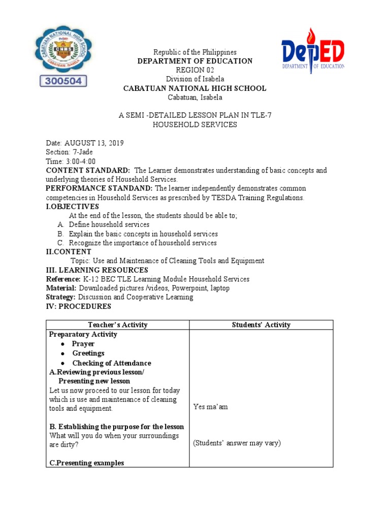 Household Services Lesson Plan | PDF | Learning | Lesson Plan