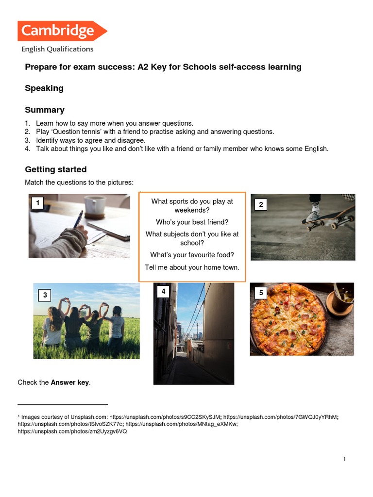 A2 Key For Schools Speaking Self-Access | PDF