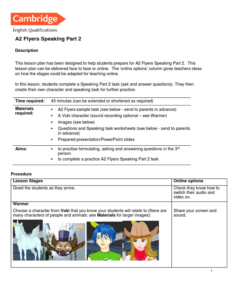 A2 Flyers Speaking Part 2 Lesson Plan | PDF | Worksheet | Question