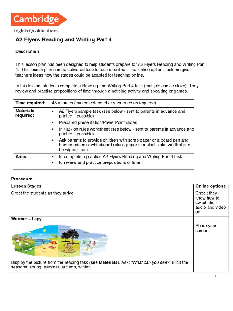 A2 Flyers Reading and Writing Part 4 | PDF | Question | Lesson Plan