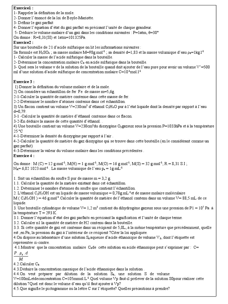 Exercices de Chimie: Moles, Gaz et Solutions | PDF | Concentration ...