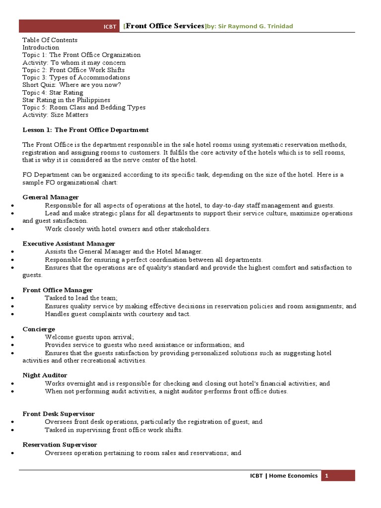 Lesson 1 Front Office Department | PDF | Hotel | Business