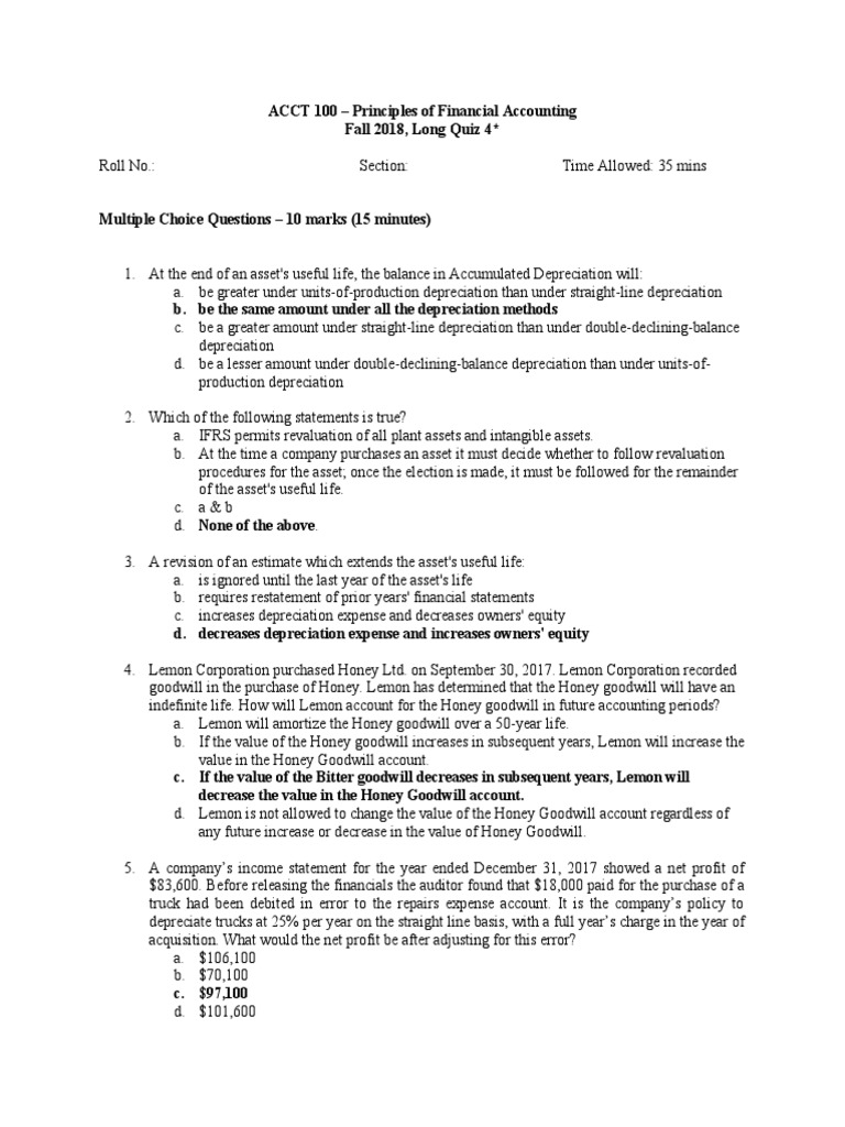 Financial Accounting Quiz Guide | PDF | Depreciation | Goodwill ...