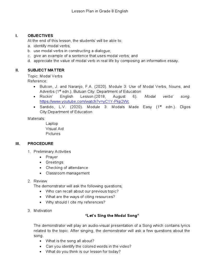 Lesson Plan in Grade 8 English MODALS | PDF | Verb | English Language