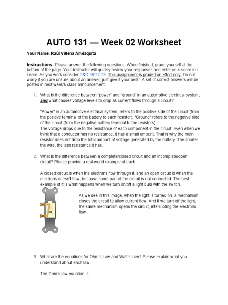 Automotive Electrical Systems Worksheet | PDF | Electrical Resistance ...