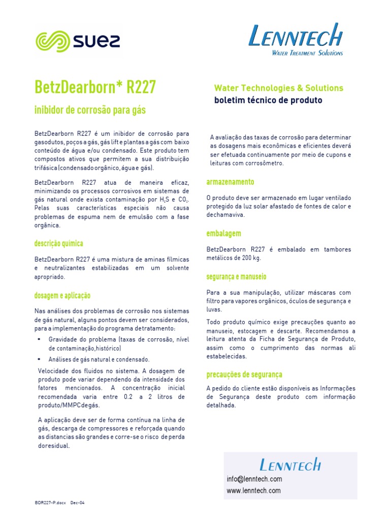 Inibidor de Corrosão BetzDearborn R227 | PDF | Corrosão | Gás natural