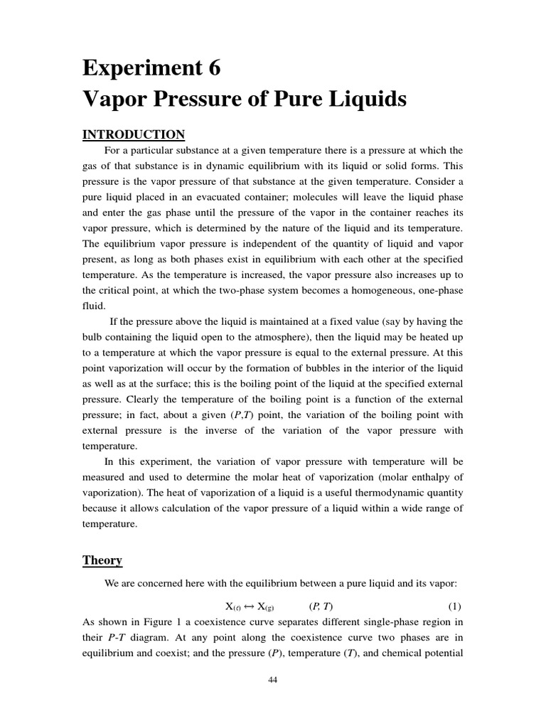Experiment 6 Vapor Pressure of Pure Liquids | PDF | Pressure | Phase ...