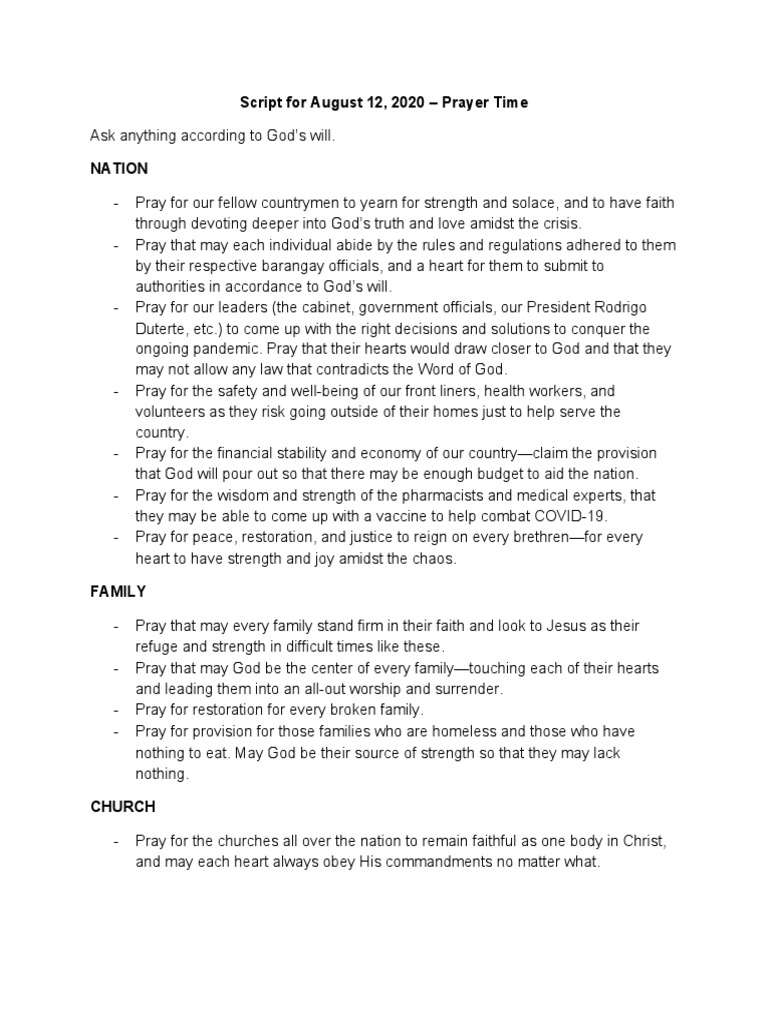 Script For August 12, 2020 - Prayer Time | PDF | Prayer | Jesus