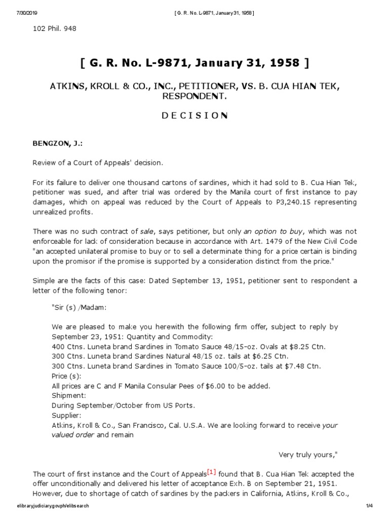 Atkins Kroll and Co v. Cua Hian Tek | PDF | Offer And Acceptance | Option (Finance)
