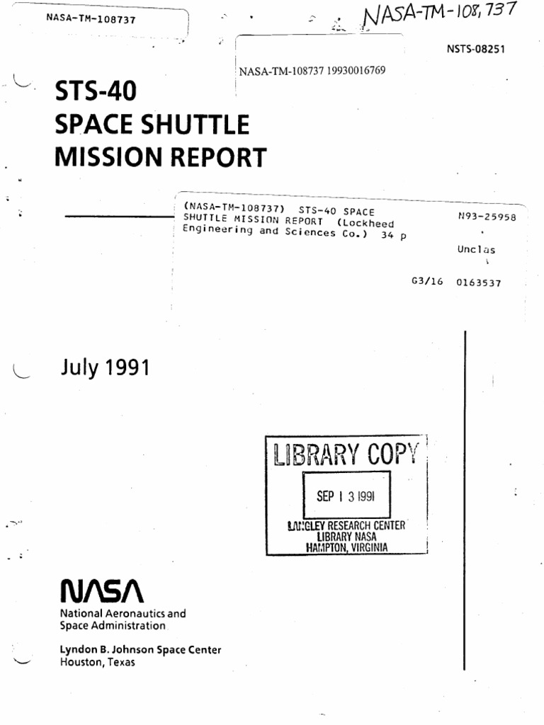 STS-40 Space Shuttle Mission Report | Space Shuttle Solid Rocket ...