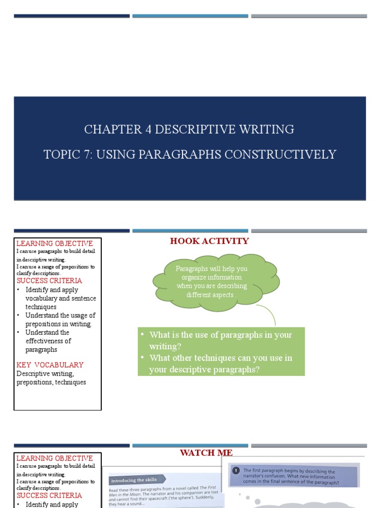Topic 7: Using Paragraphs Constructively Chapter 4 Descriptive Writing ...