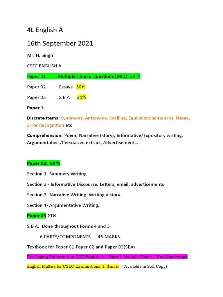 4l 2021 2023 English A Csec Exam | PDF