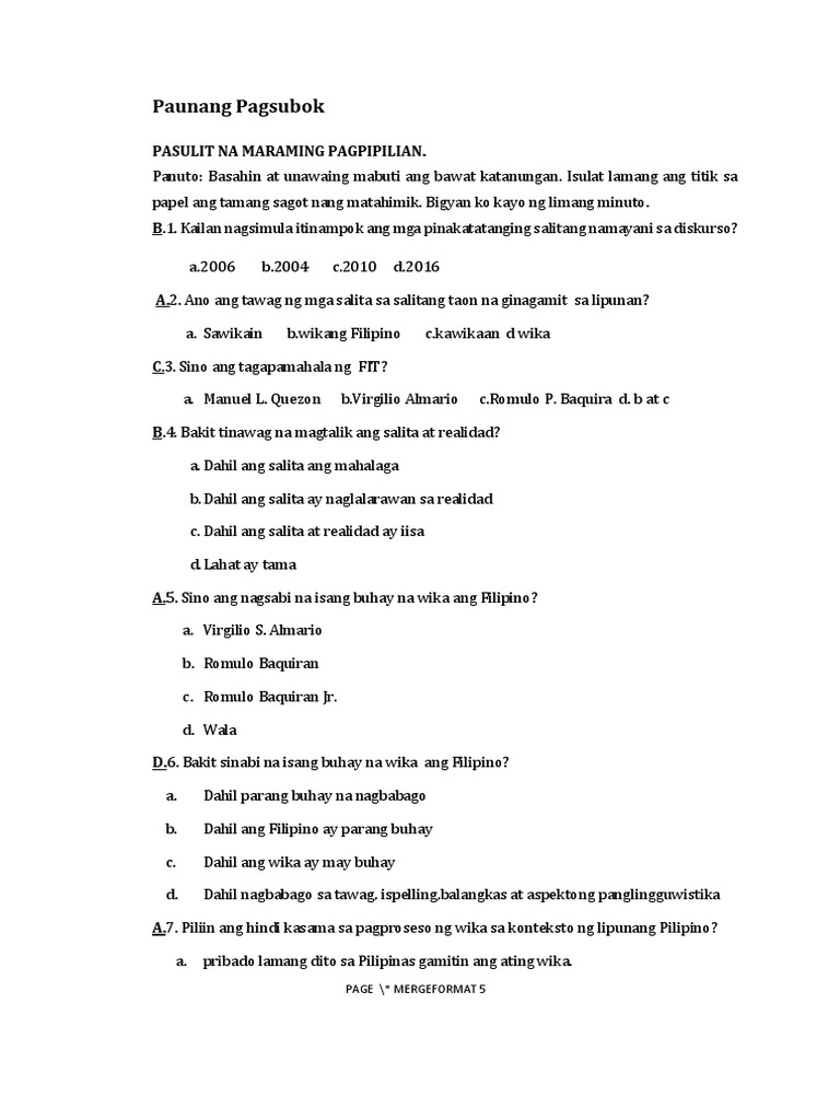 Paunang Pagsubok: Page / Mergeformat 5 | PDF