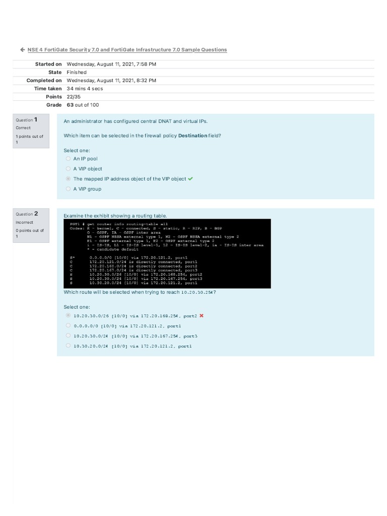 NSE 4 7.0 Sample Questions - Attempt Review | PDF | Internet Protocol ...