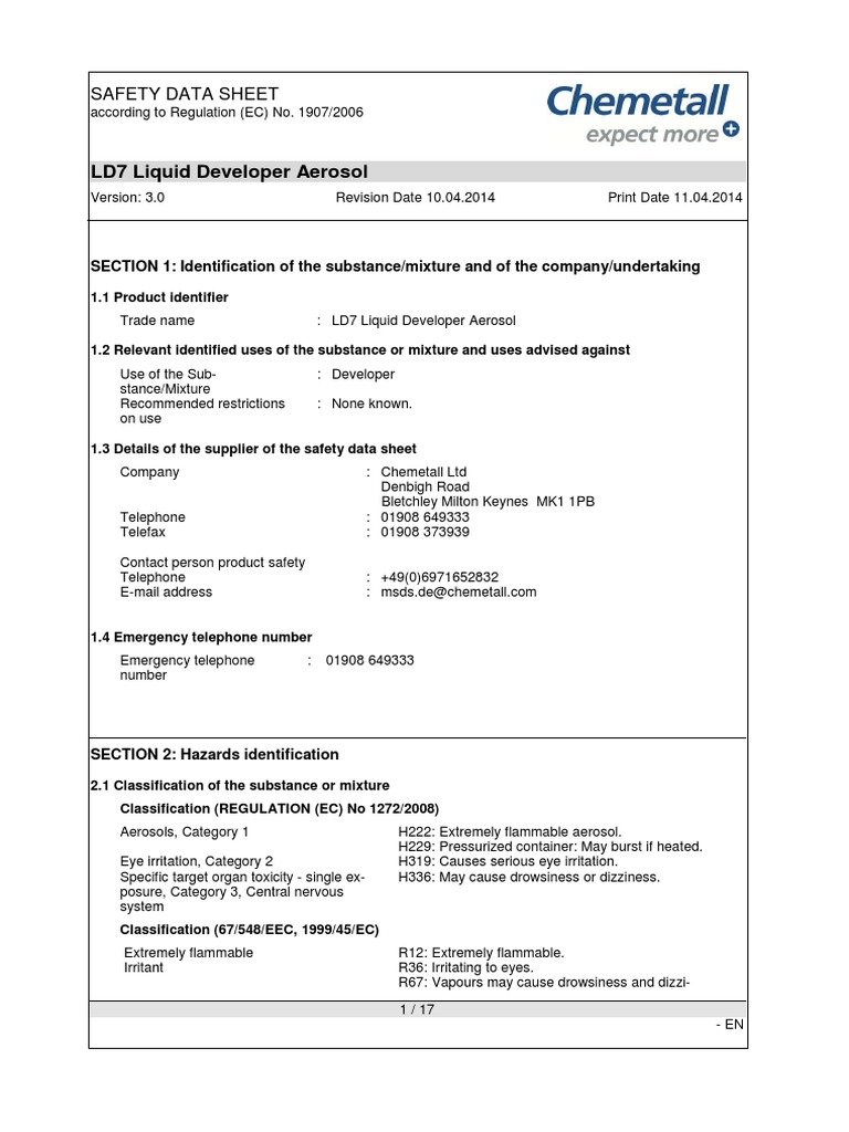 Chemetall - PT - MSDS - LD7 - Liquid Developer Aerosol | PDF | Dangerous Goods | Firefighting