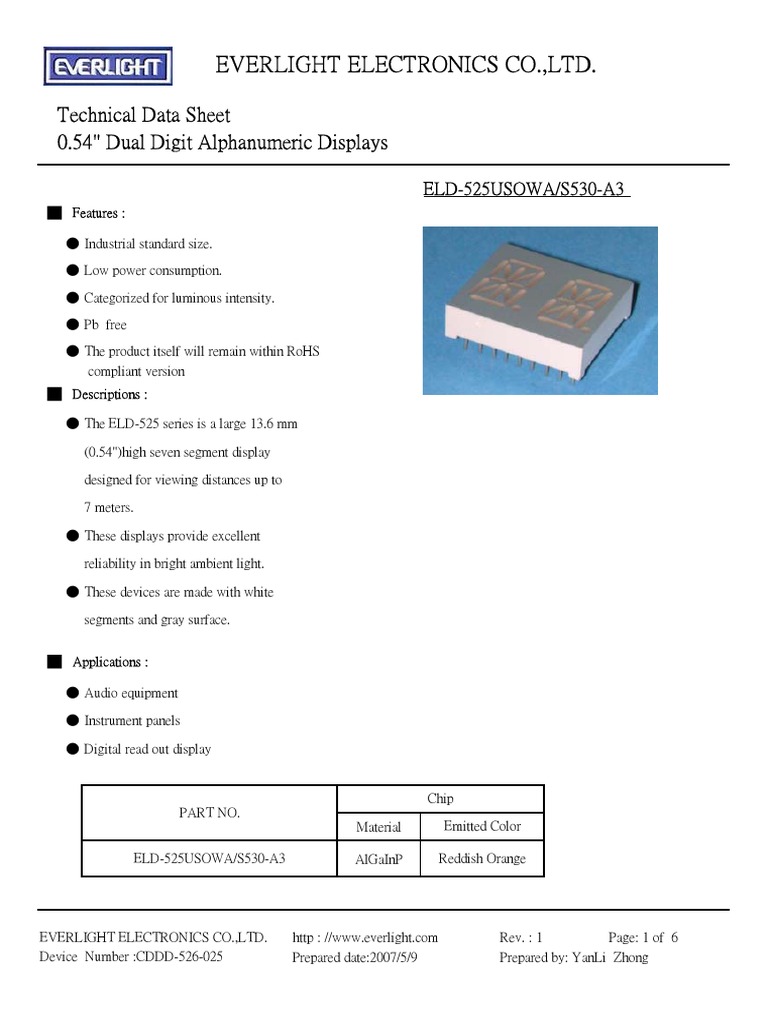 Everlight Electronics Co.,Ltd.: Technical Data Sheet 0.54" Dual Digit Alphanumeric Displays ...