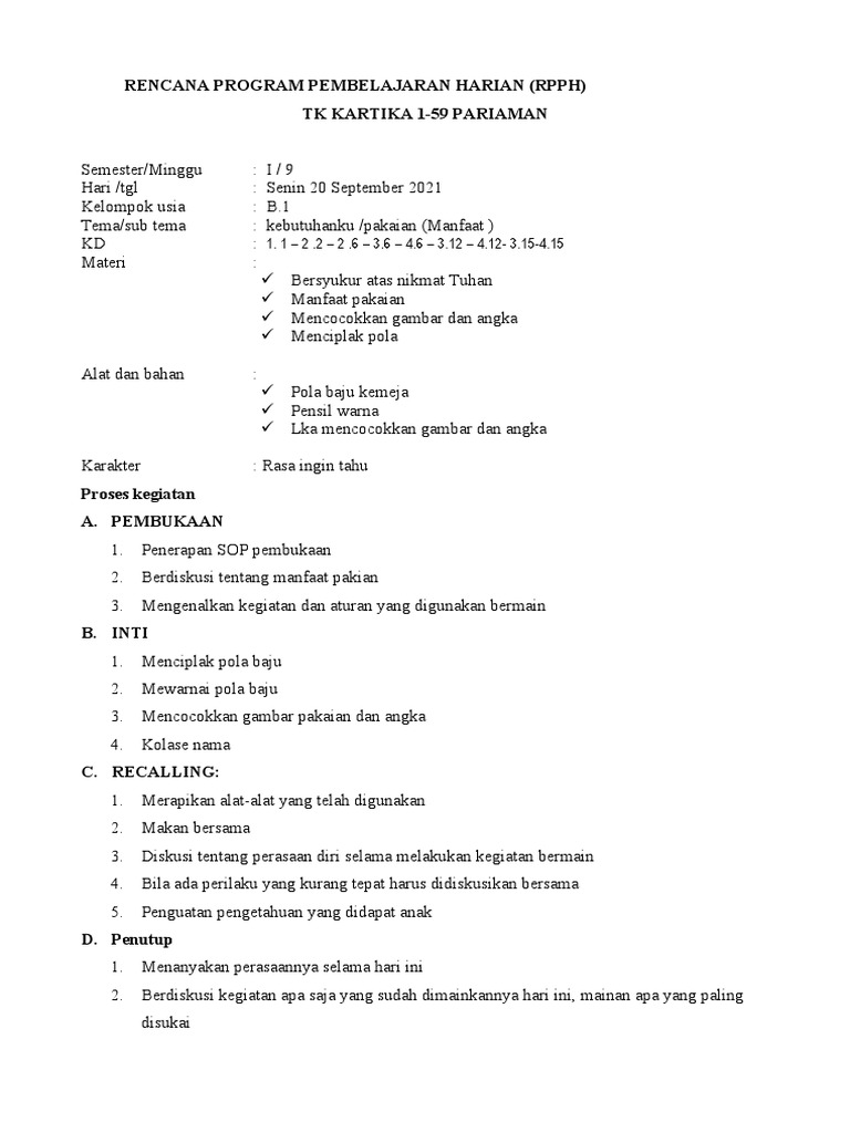18 RPPH Kelas B.1 TK Kartika 1-59 Pariaman. Tema Kebutuhanku Sub Tema Pakaian | PDF
