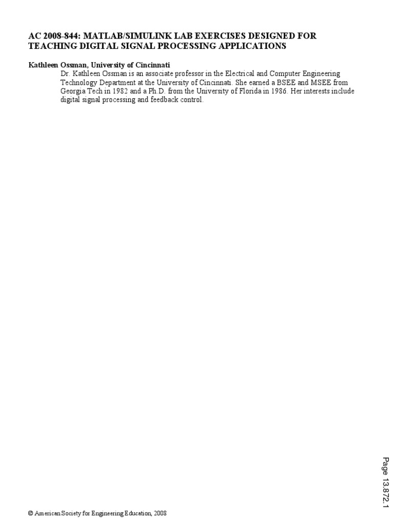 Matlab Simulink Lab Exercises Designed For Teaching Digital Signal Processing Applications | PDF ...