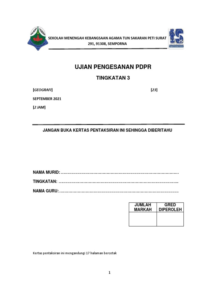 Ujian PDPR 2021 Geografi Form 3 | PDF