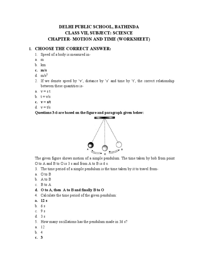 Class 7 WS Motion and Time Answers | PDF | Speed | Pendulum