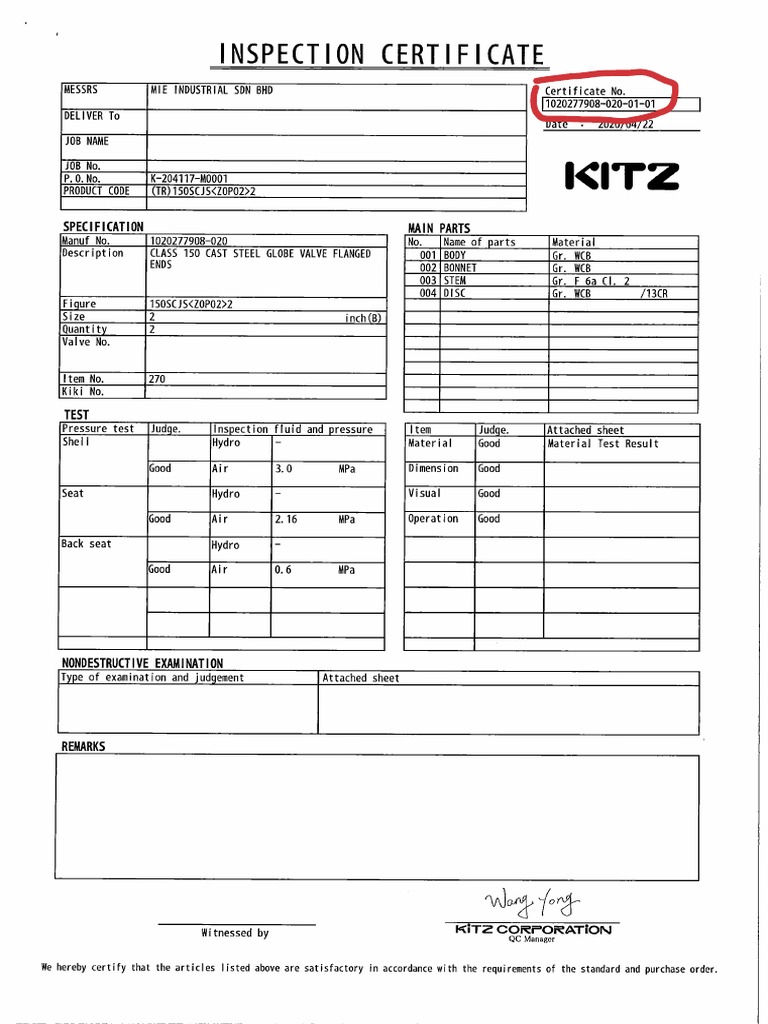 Inspection Certificate - KITZ FIG 150SCJS Valve, Carbon Steel - MIE ...
