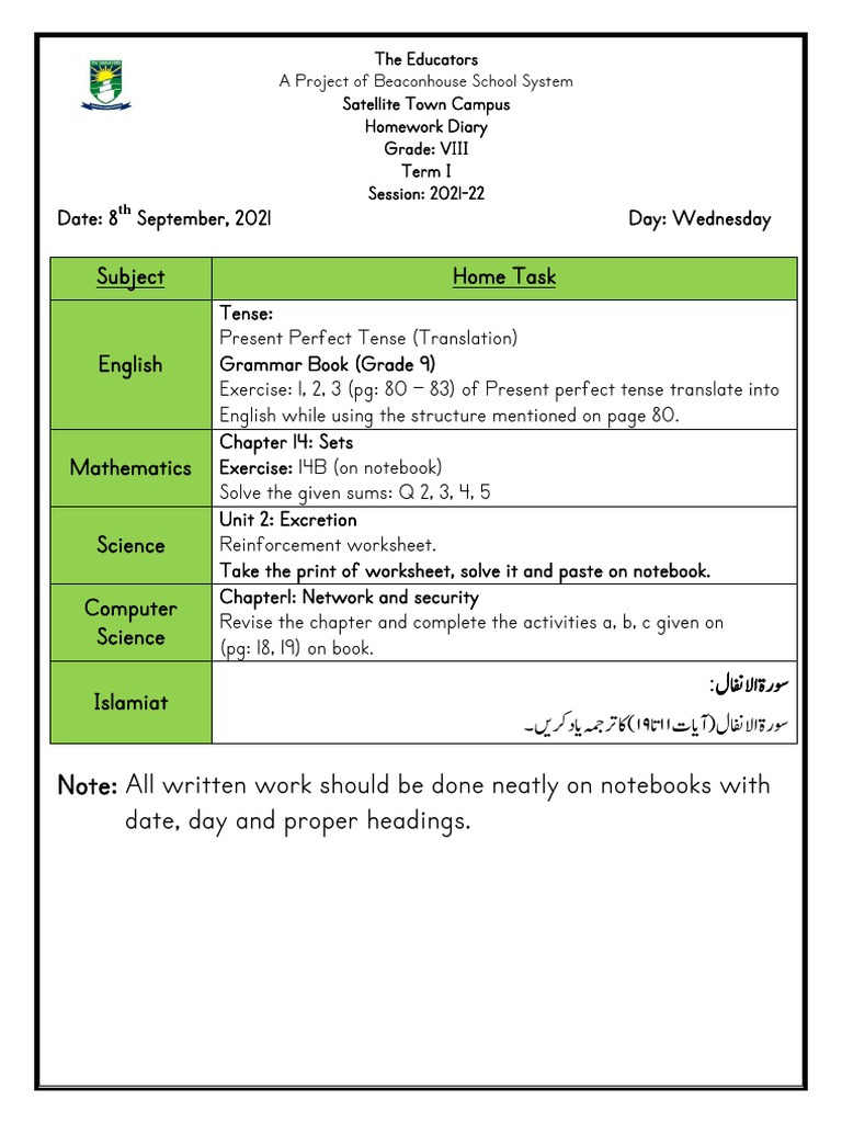 Grade VIII Homework Diary Term I | PDF | Teaching Methods & Materials