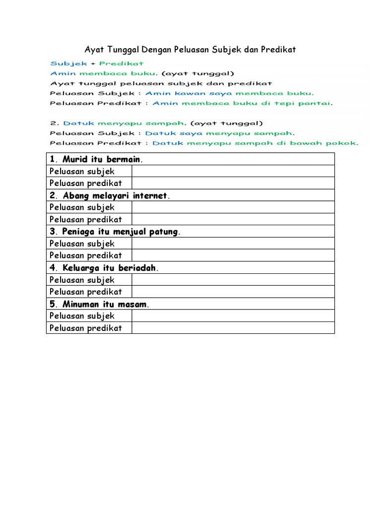 Ayat Tunggal Dengan Peluasan Subjek Dan Predikat | PDF