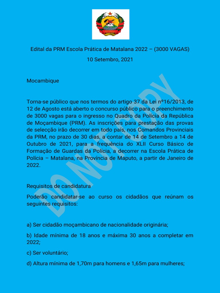 Edital Da PRM 2021 | PDF | Moçambique | Polícia