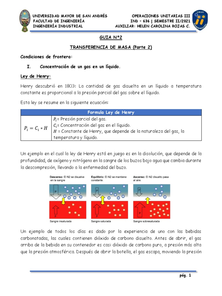 Transferencia de masa: Ley de Henry y difusión | PDF | Química | Mecánica de Medios Continuos