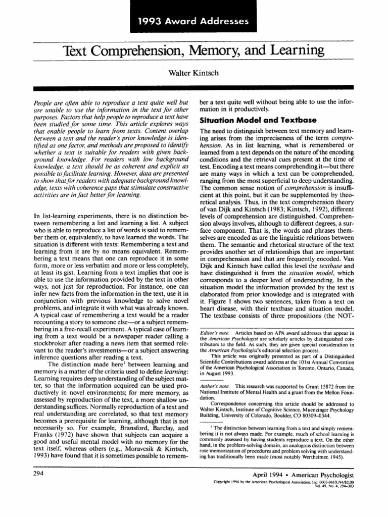Lectura - Lección - 14 - Kinstch 1994 Text Comprehension, Memory, and Learning | PDF | Reading ...