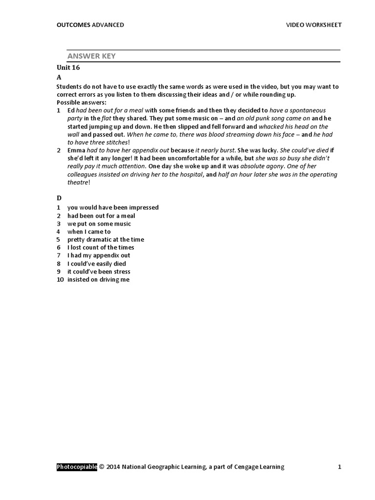 Answer Key: Outcomes Advanced | PDF