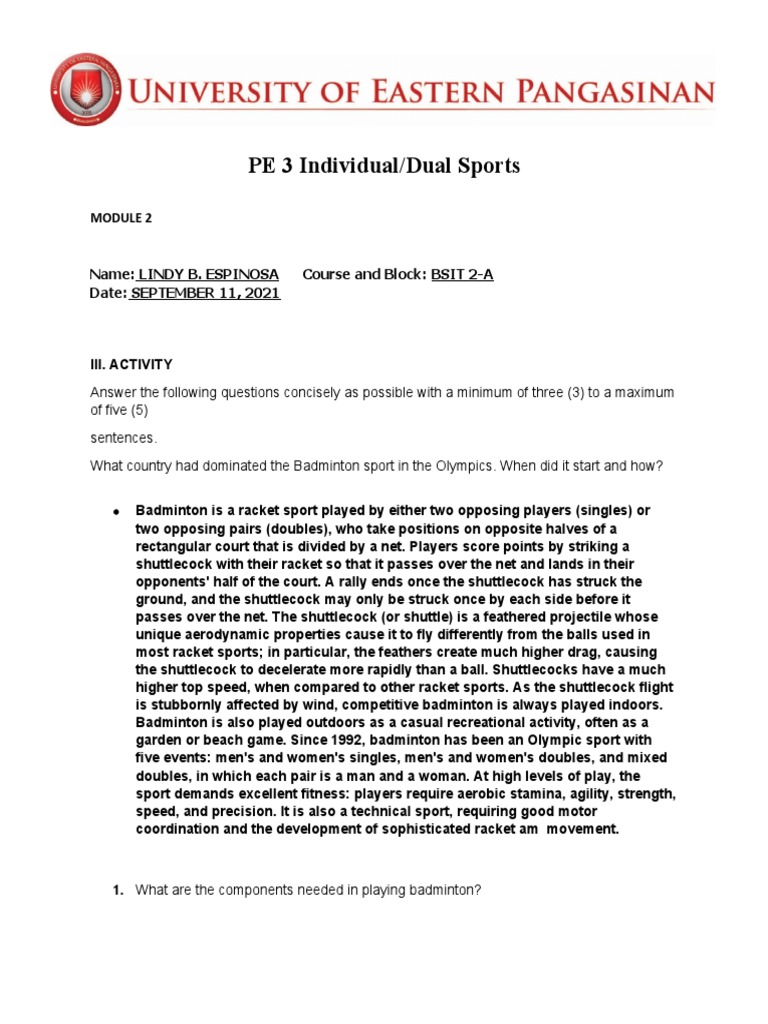 Activity-Format PE3 Act 2 - LINDY E | PDF | Recreation | Sports