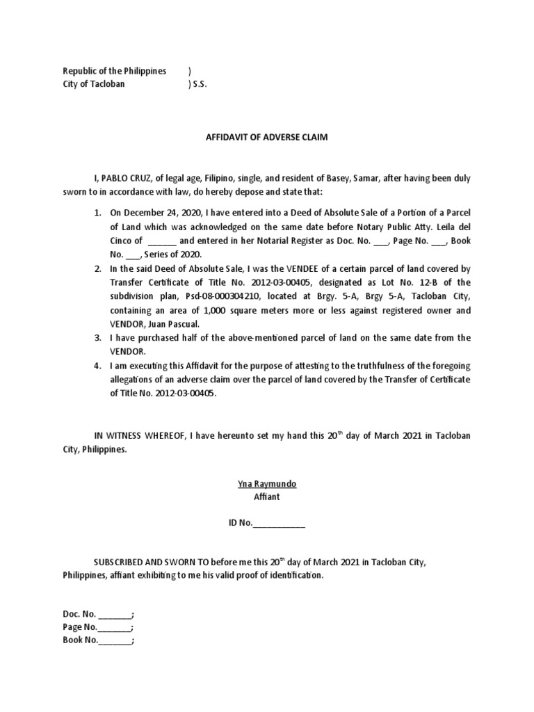 Affidavit of Adverse Claim Sample | PDF
