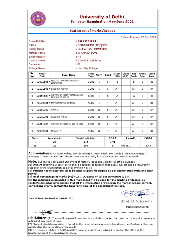 University of Delhi: Semester Examination May-June 2021 Statement of ...