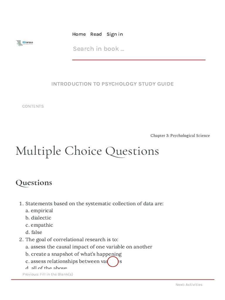 Multiple Choice Questions - Introduction To Psychology Study Guide | PDF | Experiment | Validity ...