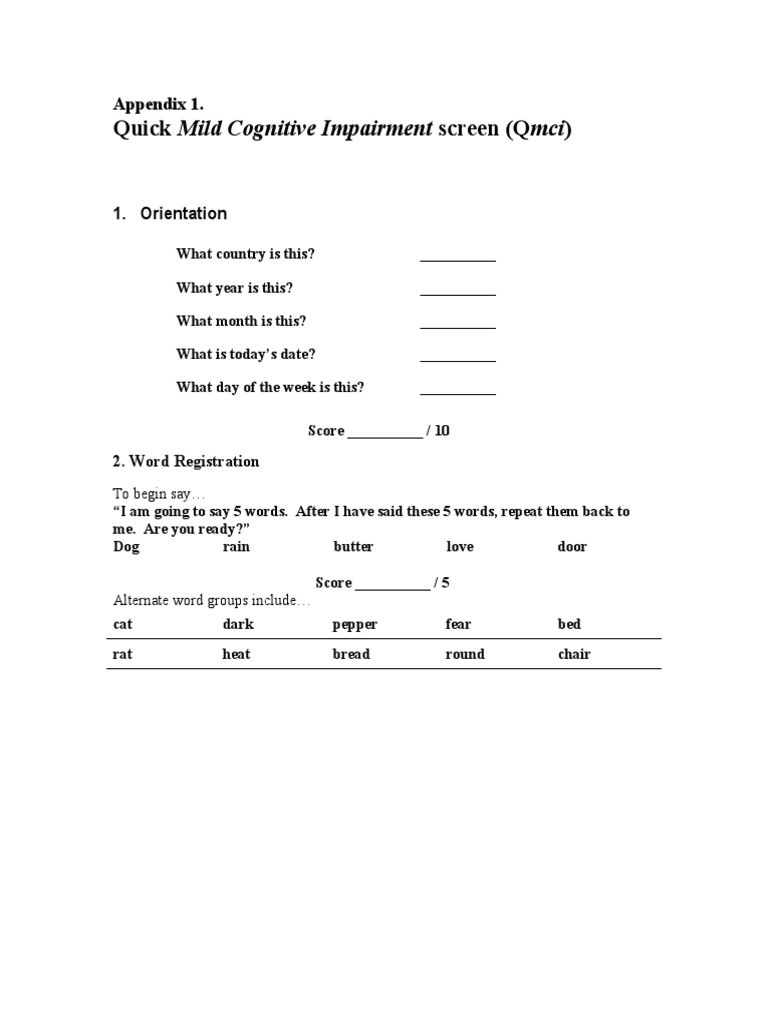 Quick Mild Cognitive Impairment Screen (Qmci) : Appendix 1 | PDF ...