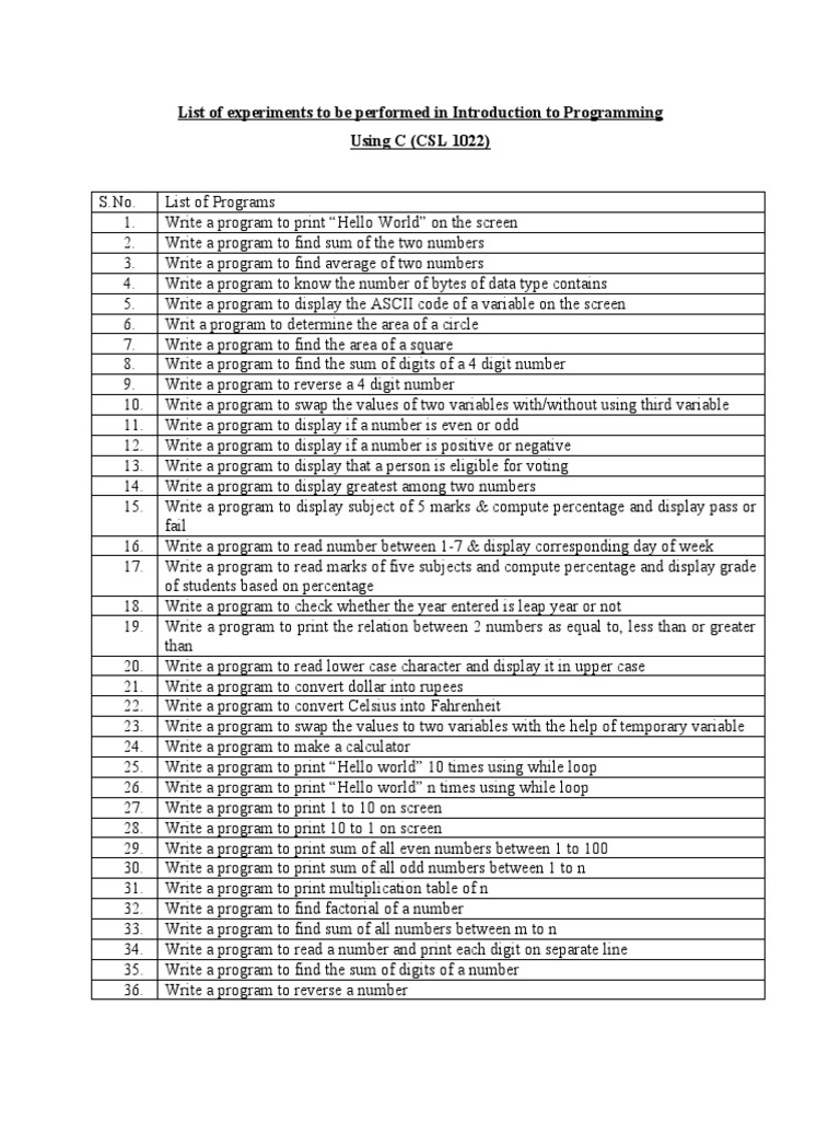 List of Experiments To Be Performed in Introduction To Programming Using C (CSL 1022) | PDF ...