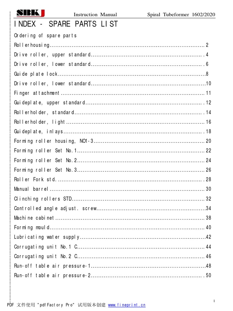 Spiral Tubeformer 1602 Parts Manual | PDF | Manufactured Goods | Equipment