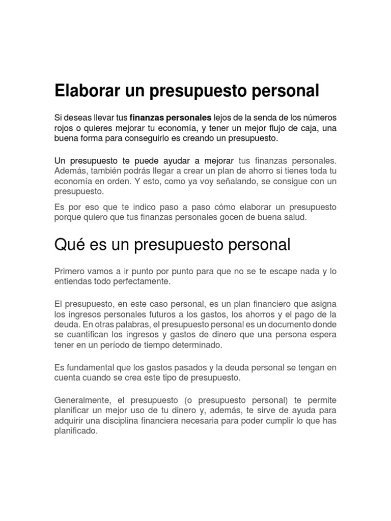 Cómo elaborar un presupuesto personal | PDF | Presupuesto | Finanzas ...