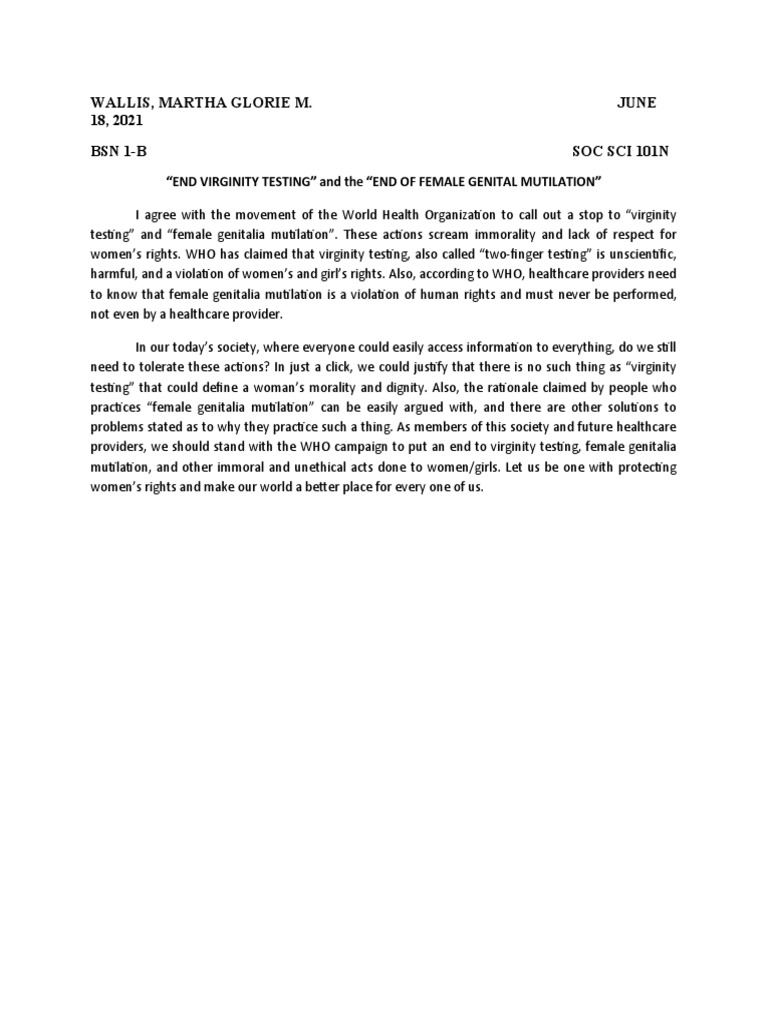 Wallis - Section 2 - Module 1 - "End Virginity Testing" and The "End of ...