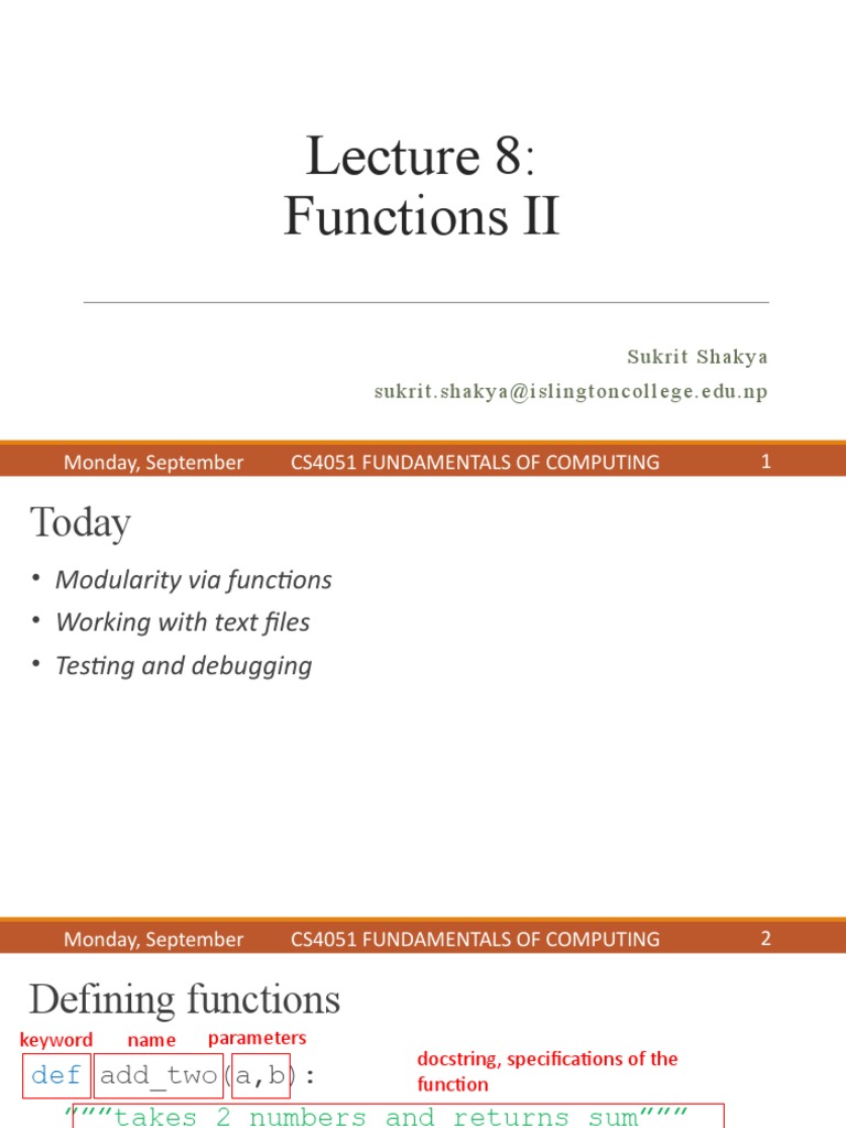 Functions Ii Monday September 20 2021 Cs4051 Fundamentals Of Computing 1 Pdf Computer